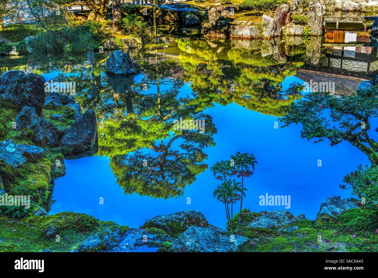 Colorful pond reflection Togu-do Hall, Ginkaku-ji Temple, Kyoto, Japan ...