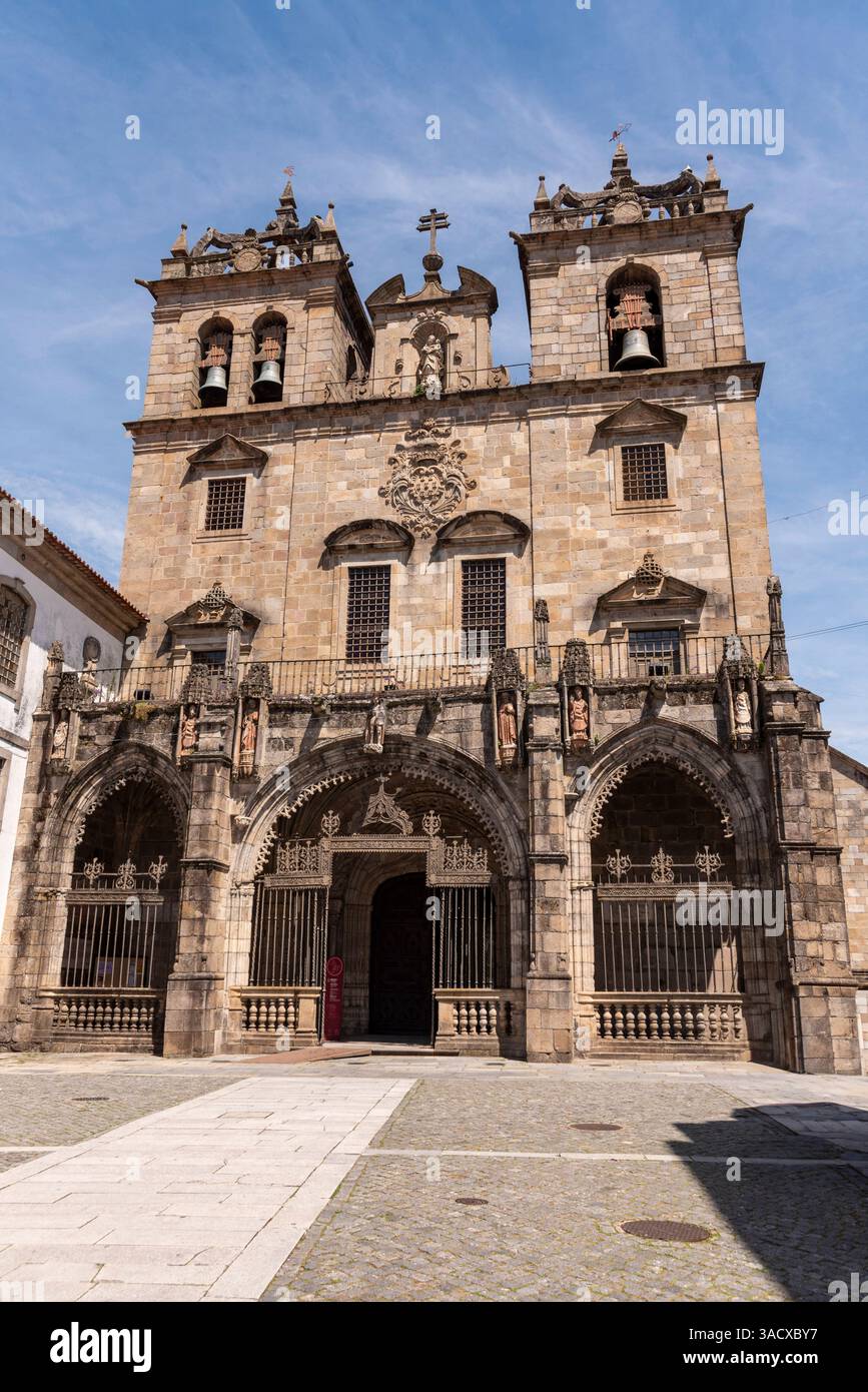 Majestic view of the Gothic cathedral facade in Braga, Portugal, the ...