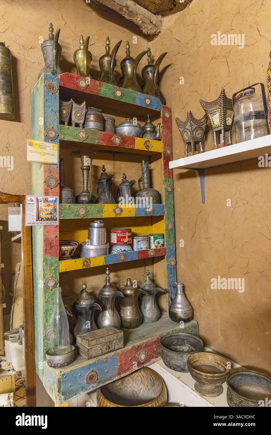 Ushaiger Heritage Village, Riyadh, Saudi Arabia. Coffee and tea pots ...
