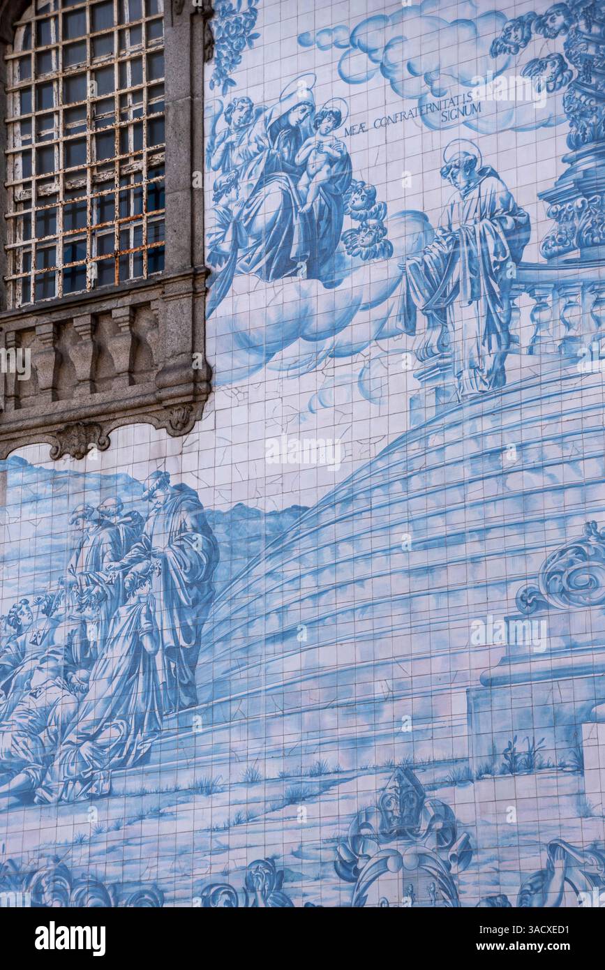 Traditional Azulejo tiles at the facade of Carmo church in Porto center ...