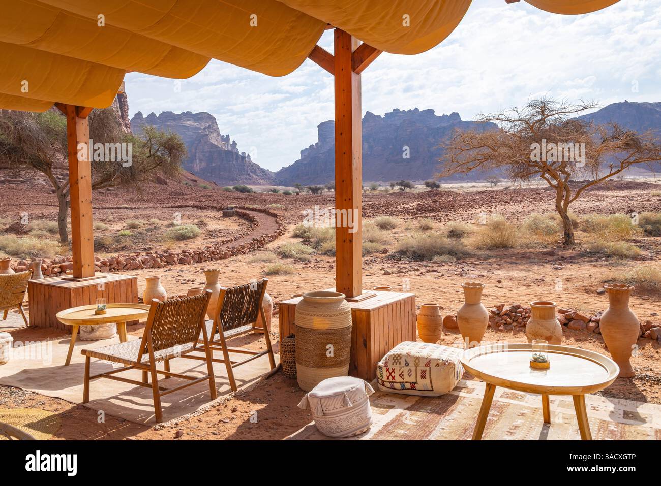 Saudi Arabia, Medina, Al-Ula. Cafe at the Dadan visitor center, site of ...
