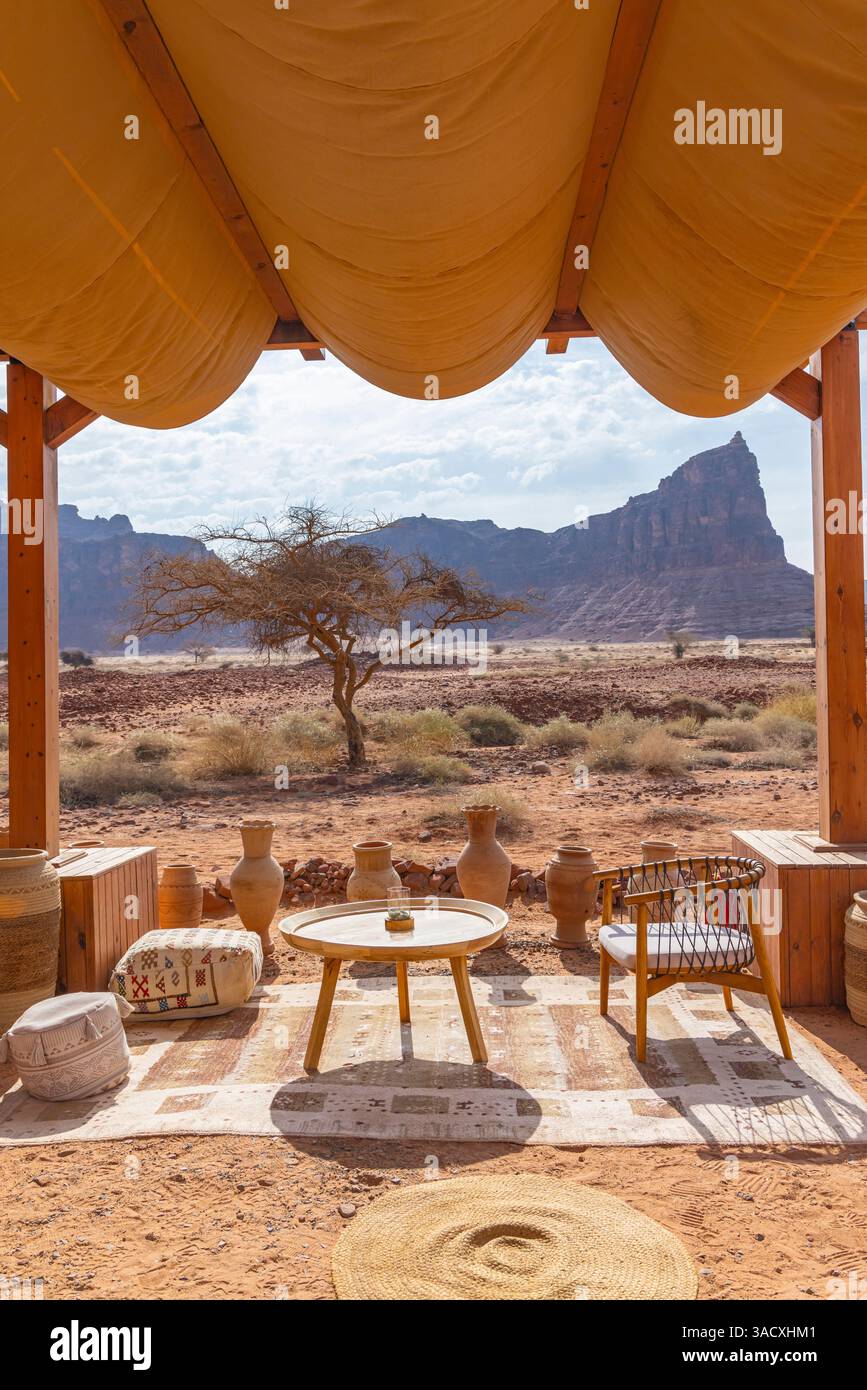 Saudi Arabia, Medina, Al-Ula. Cafe at the Dadan visitor center, site of ...