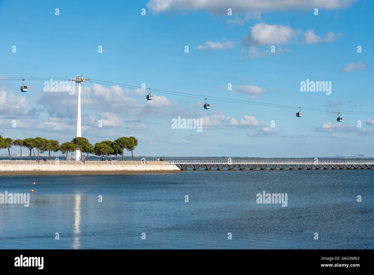 Cable car in the park of nations in Lisbon, Portugal, remains of the ...