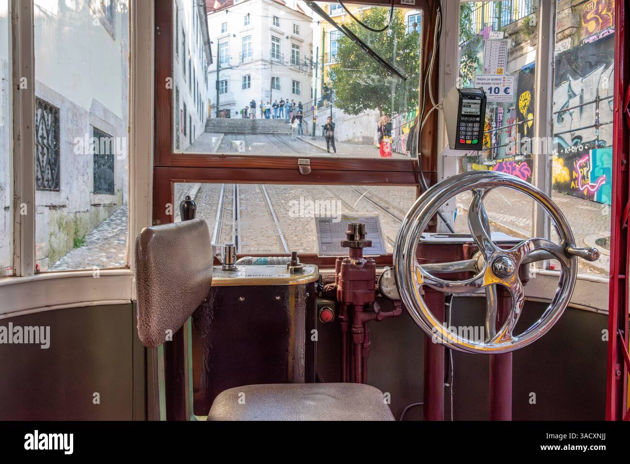 View out of iconic Elevador da Gloria in old town Lisbon with its ...