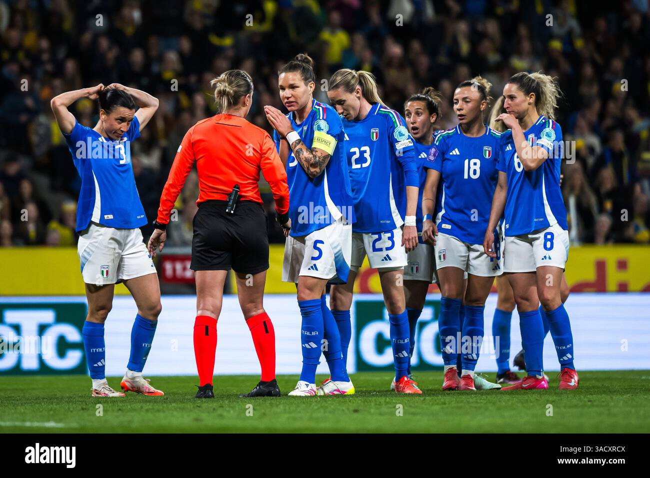 Elena Linari of, Italy. , . reacts towards referee Alina Pe?u after she ...