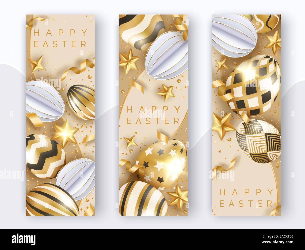 Three Easter vertical banners with realistic golden decorated eggs ...