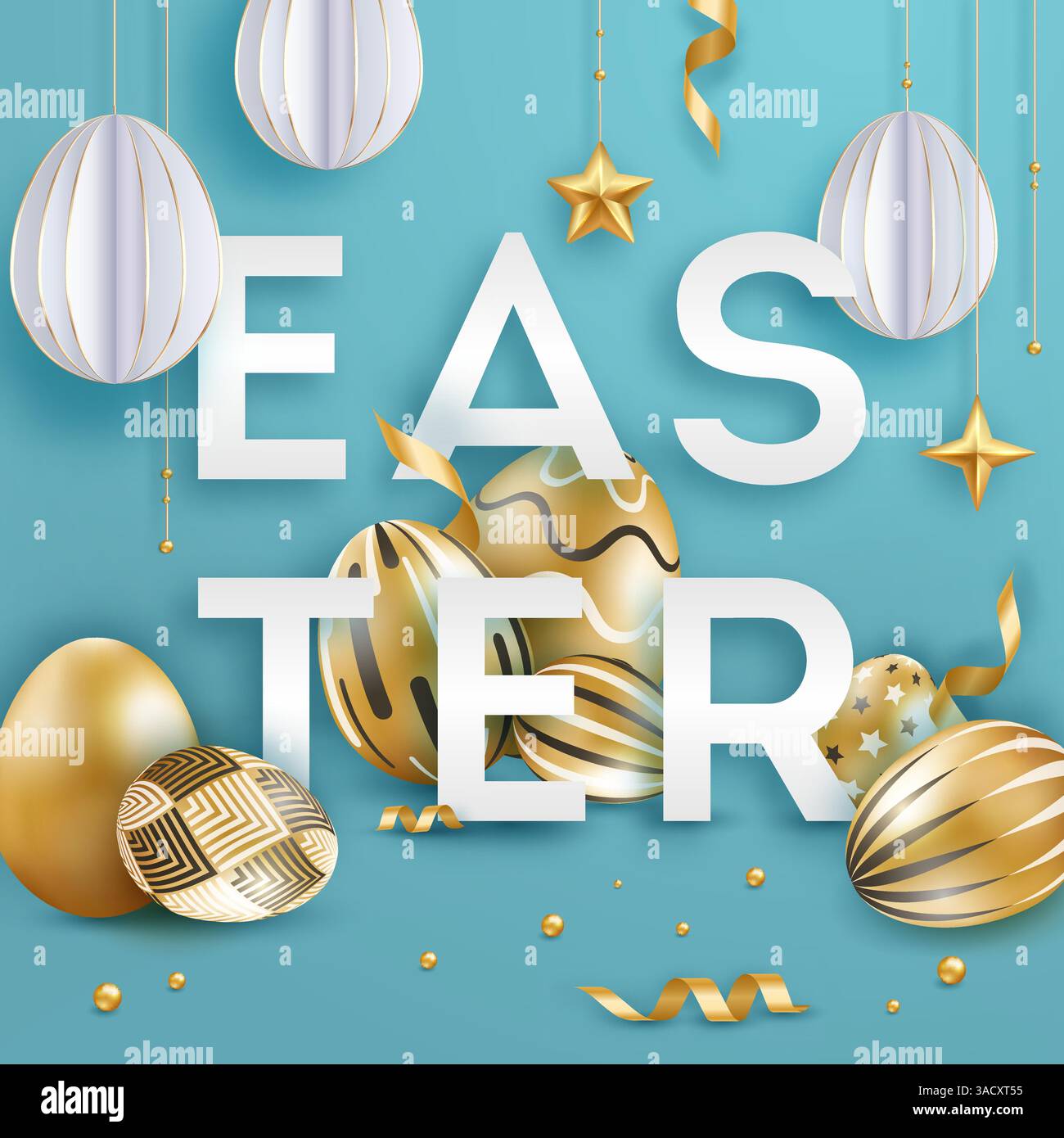 Easter vector black background with realistic decorated golden eggs, ribbons, stars, confetti ...