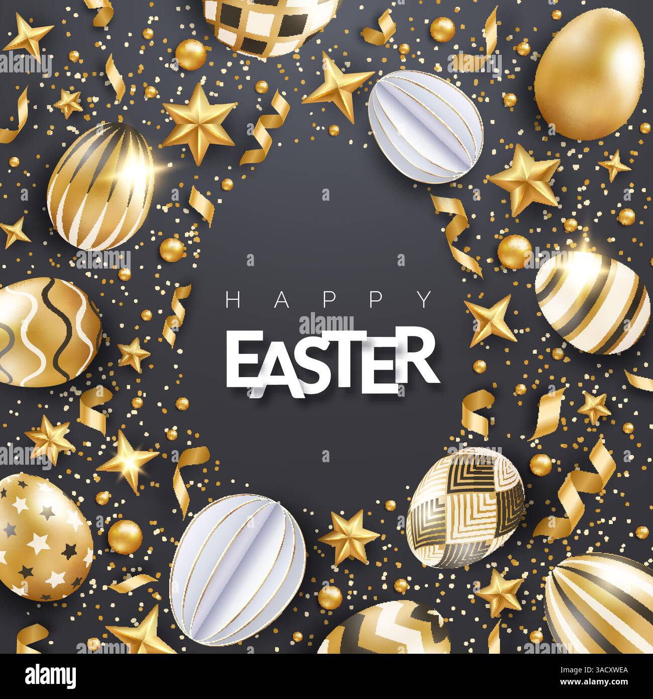 Easter vector black background with realistic decorated golden eggs ...