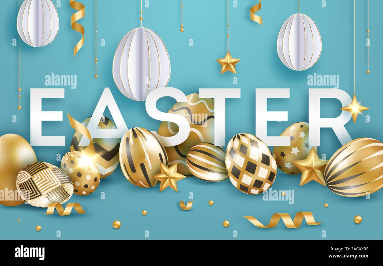 Easter vector black background with realistic decorated golden eggs, ribbons, stars, confetti ...
