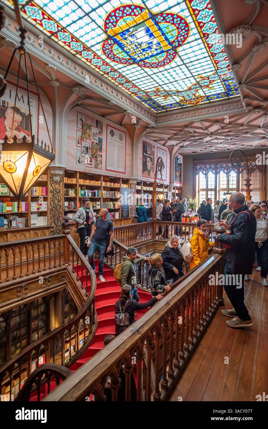 Porto, Portugal, Famous curved wooden stairs in the Lello bookstore in ...
