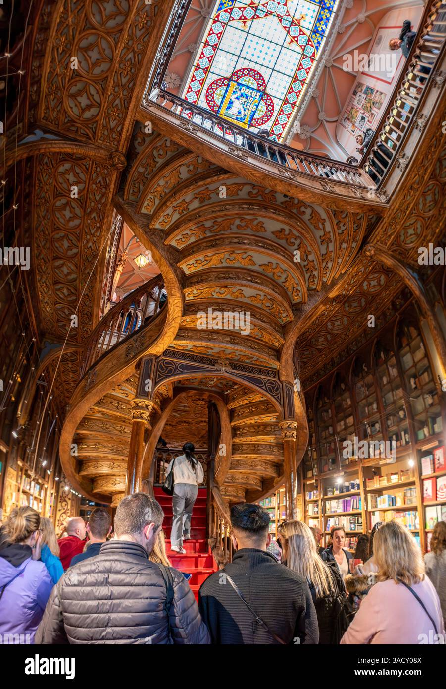 Porto, Portugal, Famous curved wooden stairs in the Lello bookstore in ...