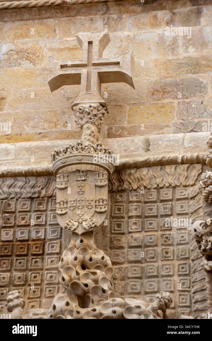 Tomar, Portugal, Stone cross and coat of arms above the famous ...