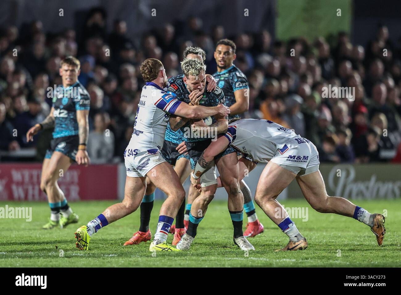 Wakefield, UK. 04th Apr, 2025. Ethan O'neill of Leigh Leopards is ...