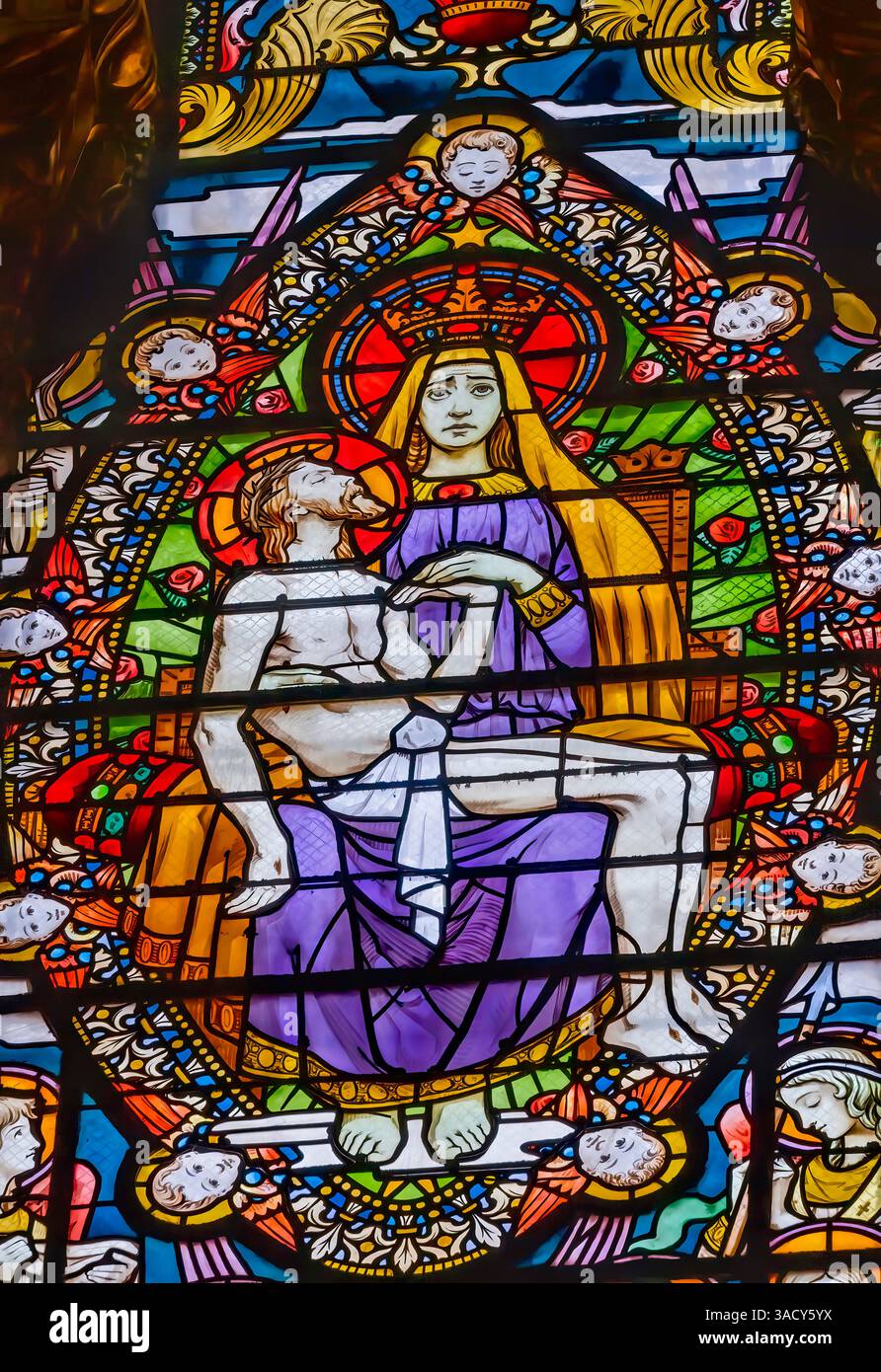 Pieta Virgin Mary Crucified Jesus colorful stained glass, Basilica of Notre Dame de Fourviere ...