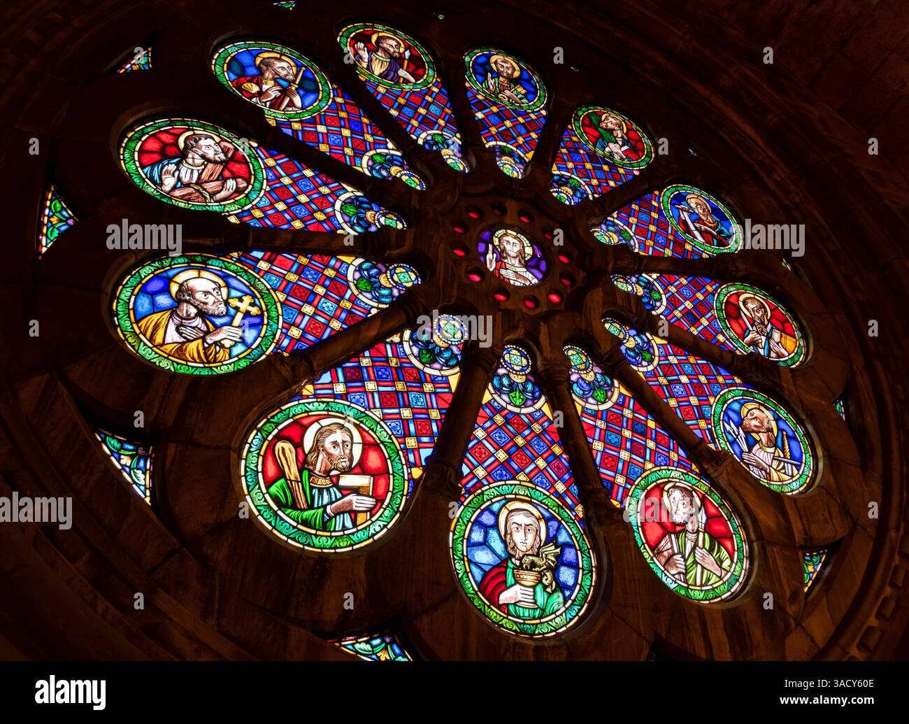 Lisboa, Portugal, Colorful rose window window in the Lisboa cathedral ...