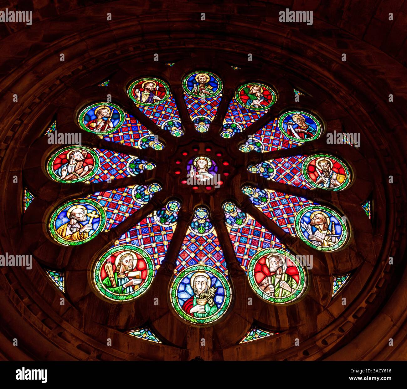 Lisboa, Portugal, Colorful rose window window in the Lisboa cathedral ...