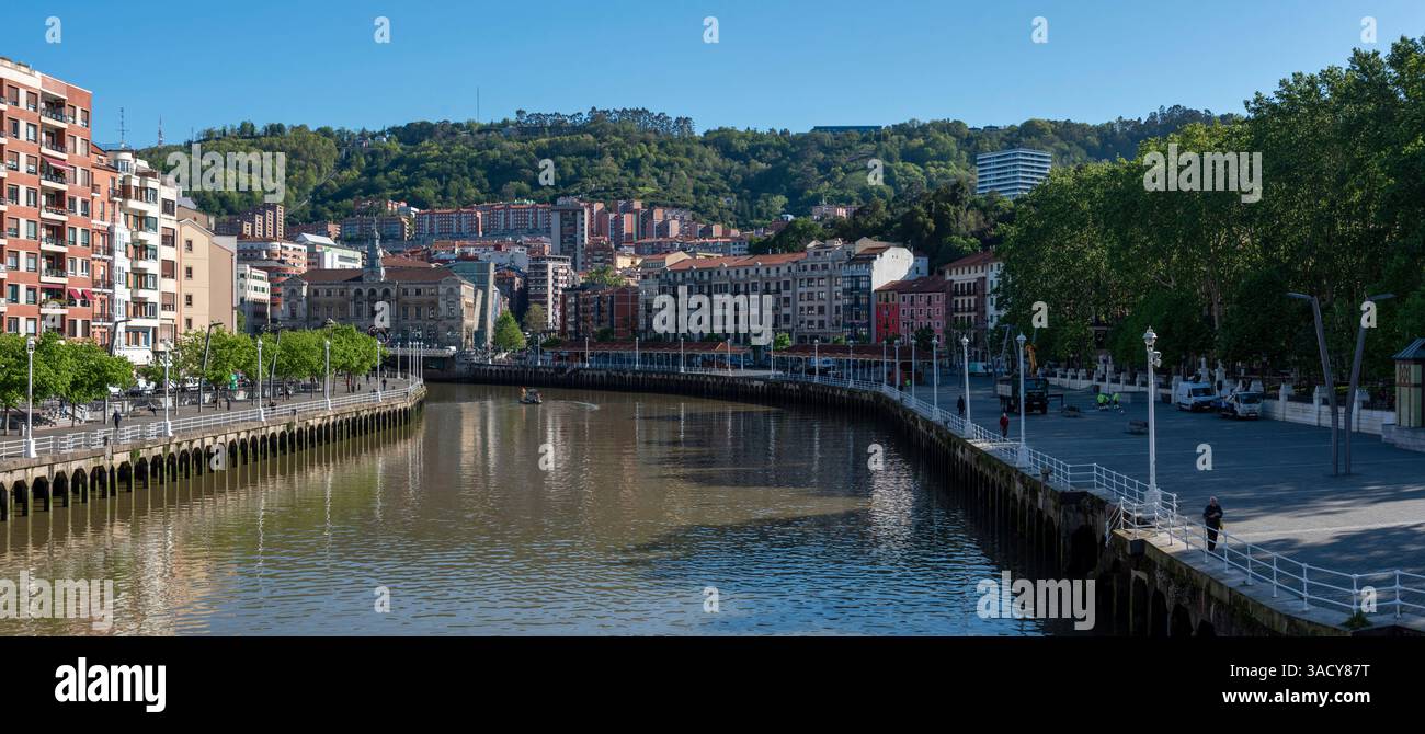 Panoramic view of the Nervion river in downtown Bilbao, Basque region ...