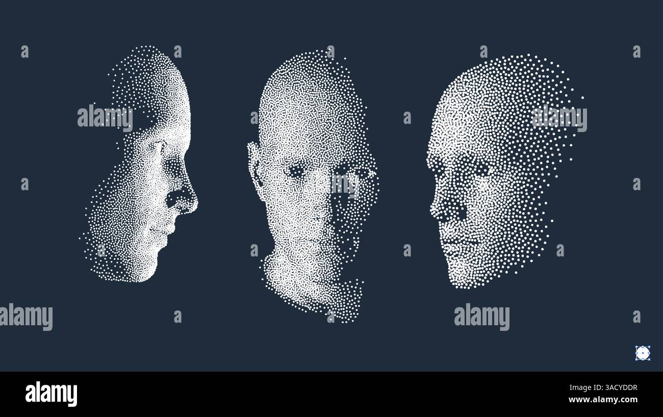 Three human faces built from particles. Conceptualisation of technology and robotics. Anonymous ...