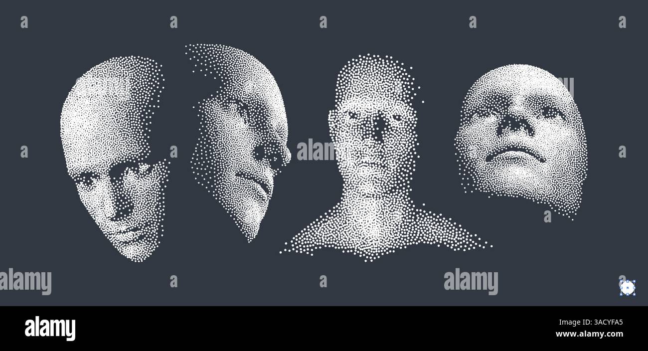 Four human faces constructing from particles. Network forming AI human ...
