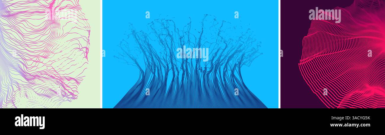 Array with dynamic emitted particles. Water splash imitation. Abstract background. Cover design ...