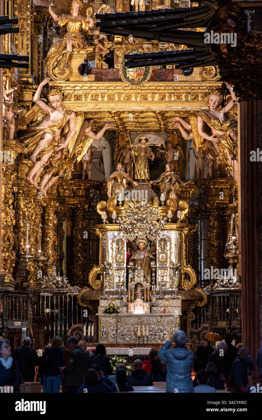 Santiago de Compostela, Spain, Nave and baroque altar of the pilgrimage ...
