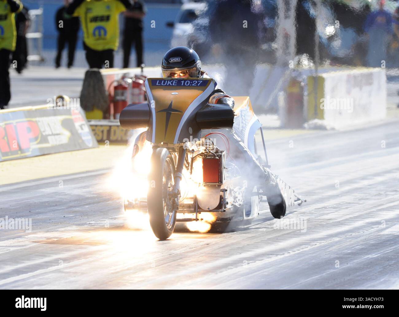 2012 FEB 04: Blown Nitro Harley-Davidson Top Fuel bike rider Steve Dorn ...