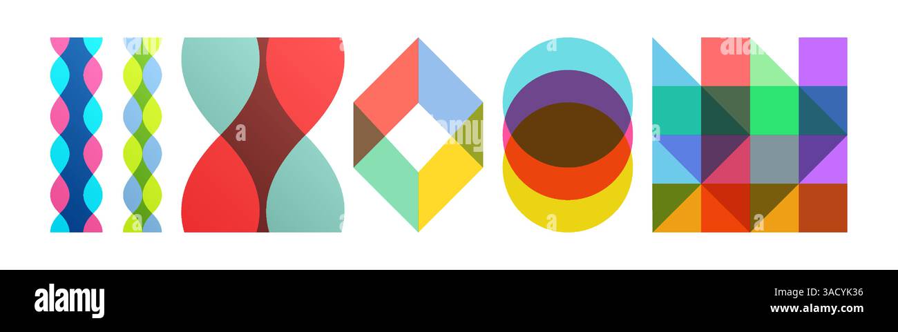 Abstract geometric design. Cube. Circle. Overlapping waves of different colours in vertical ...