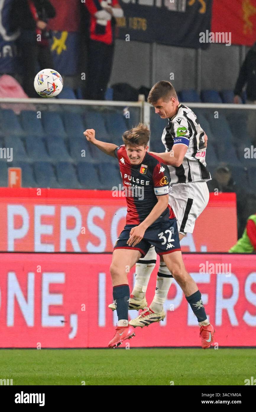Genova, Italia. 04th Apr, 2025. Genoa's Morten Frendrup jumps for the ...