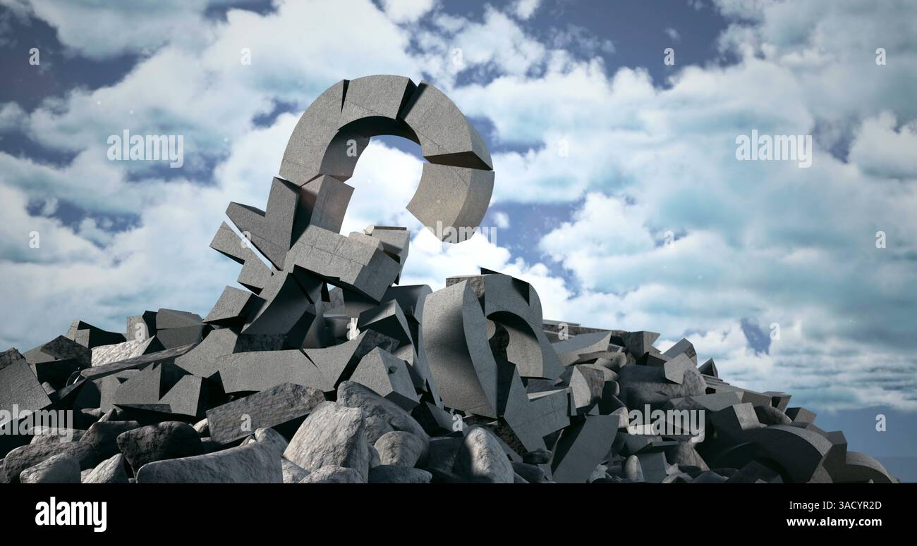 Giant broken question mark sculpture lying on rocky terrain under ...