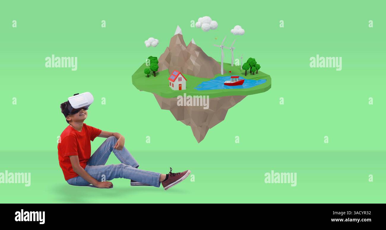 Teen using VR headset exploring virtual island with house and wind ...