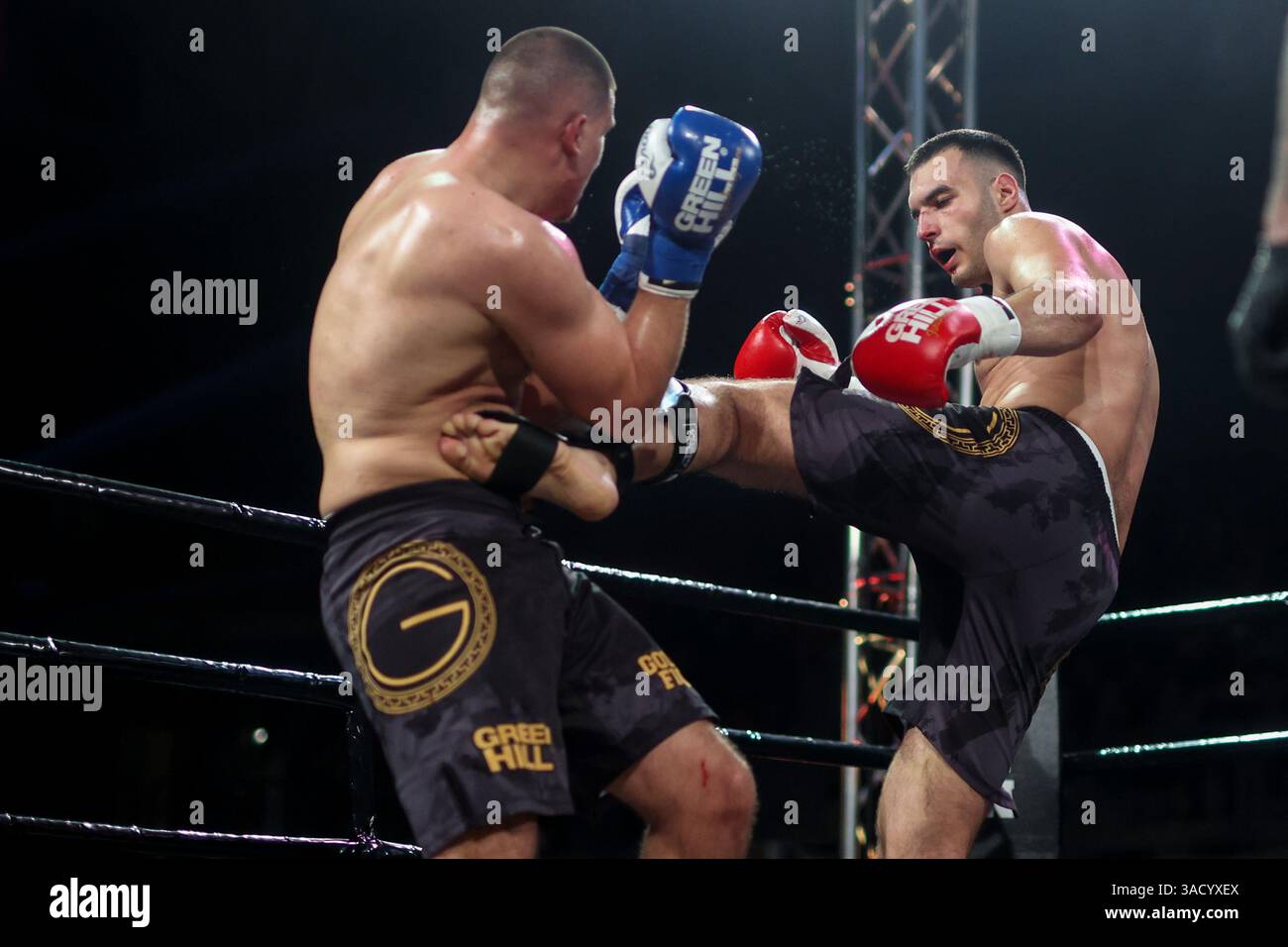 Zagreb, Croatia. 04th Apr, 2025. Matej Mikulic kicks Liam Sabic during ...