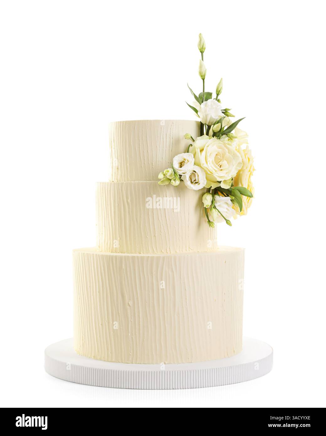 Delicious wedding cake decorated with flowers isolated on white Stock ...