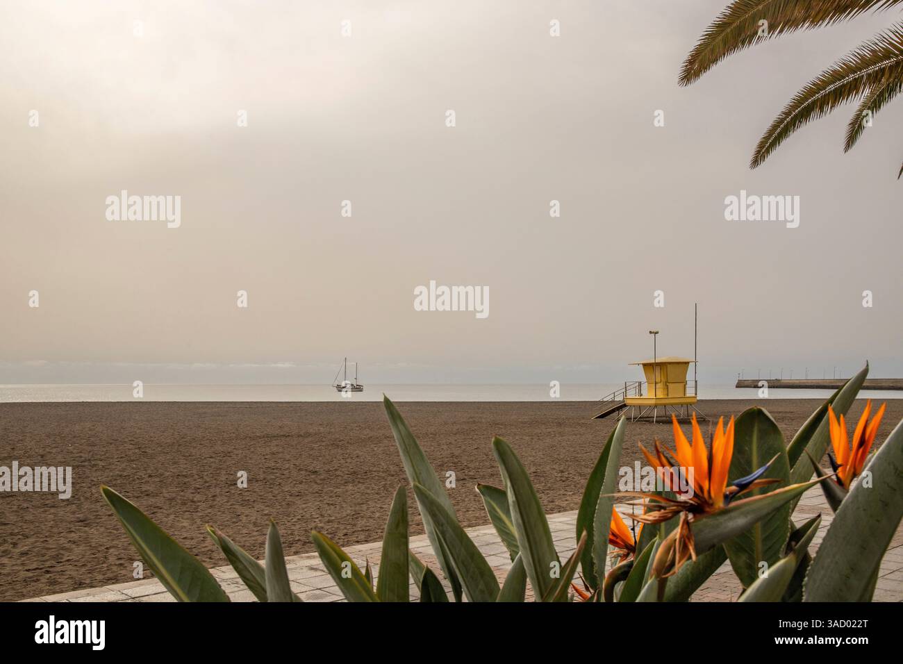 Landscape by the sea, city beach with yellow lifeguard huts on the ...