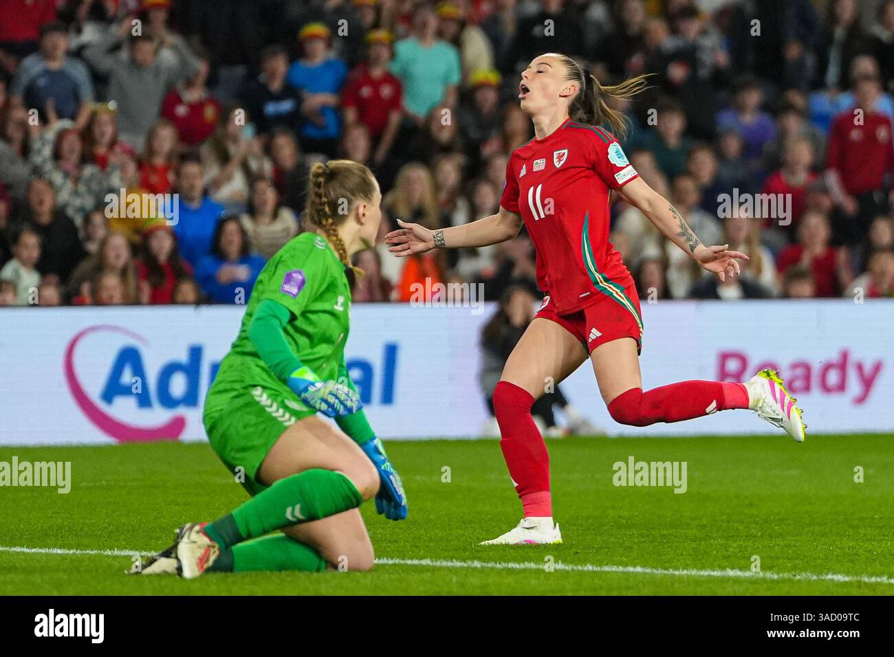 Cardiff, Wales, UK. 4th April, 2025. Hannah Cain of Wales rues a missed ...