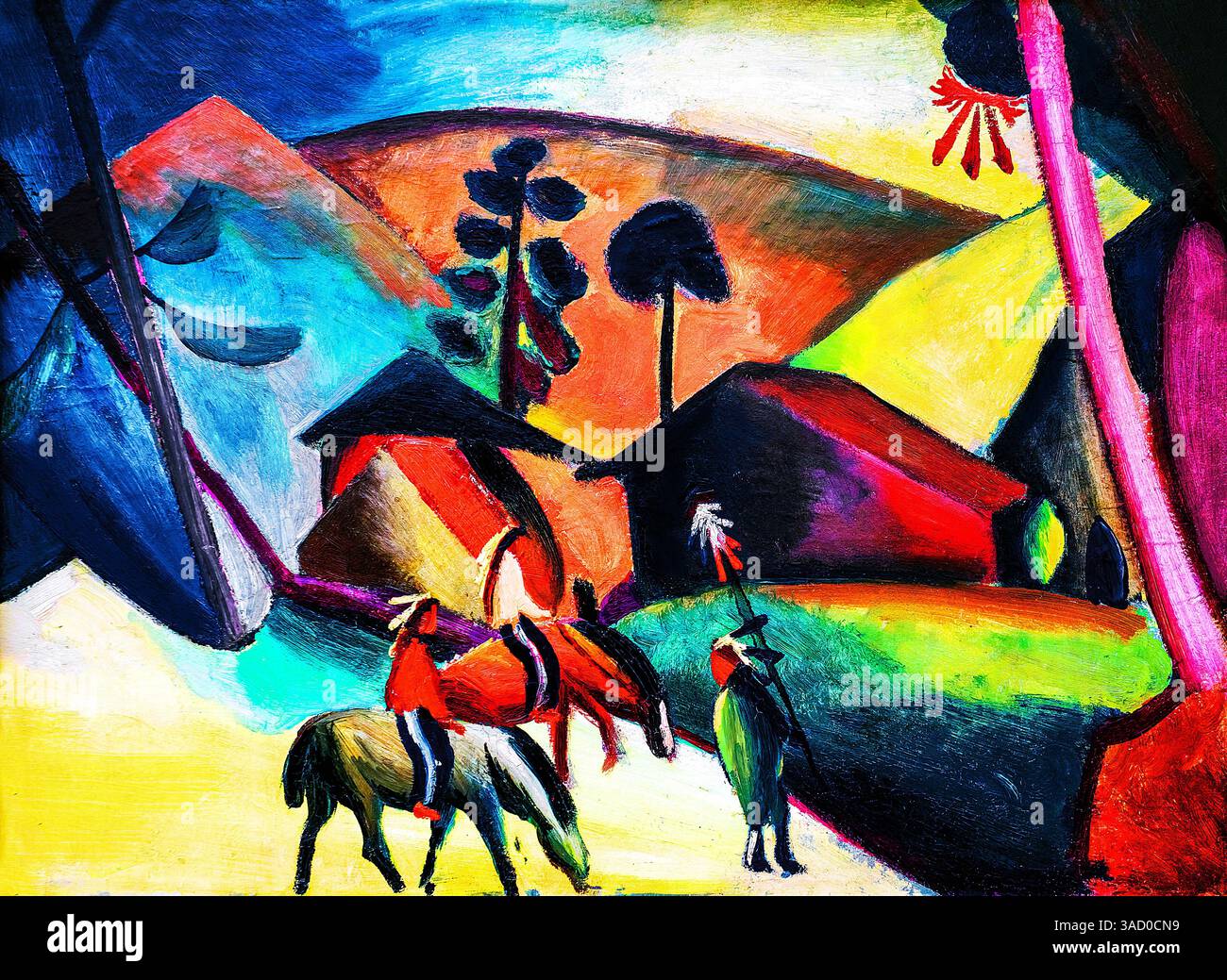 An incredibly colorful and vibrant depiction of a rural landscape that features various figures ...