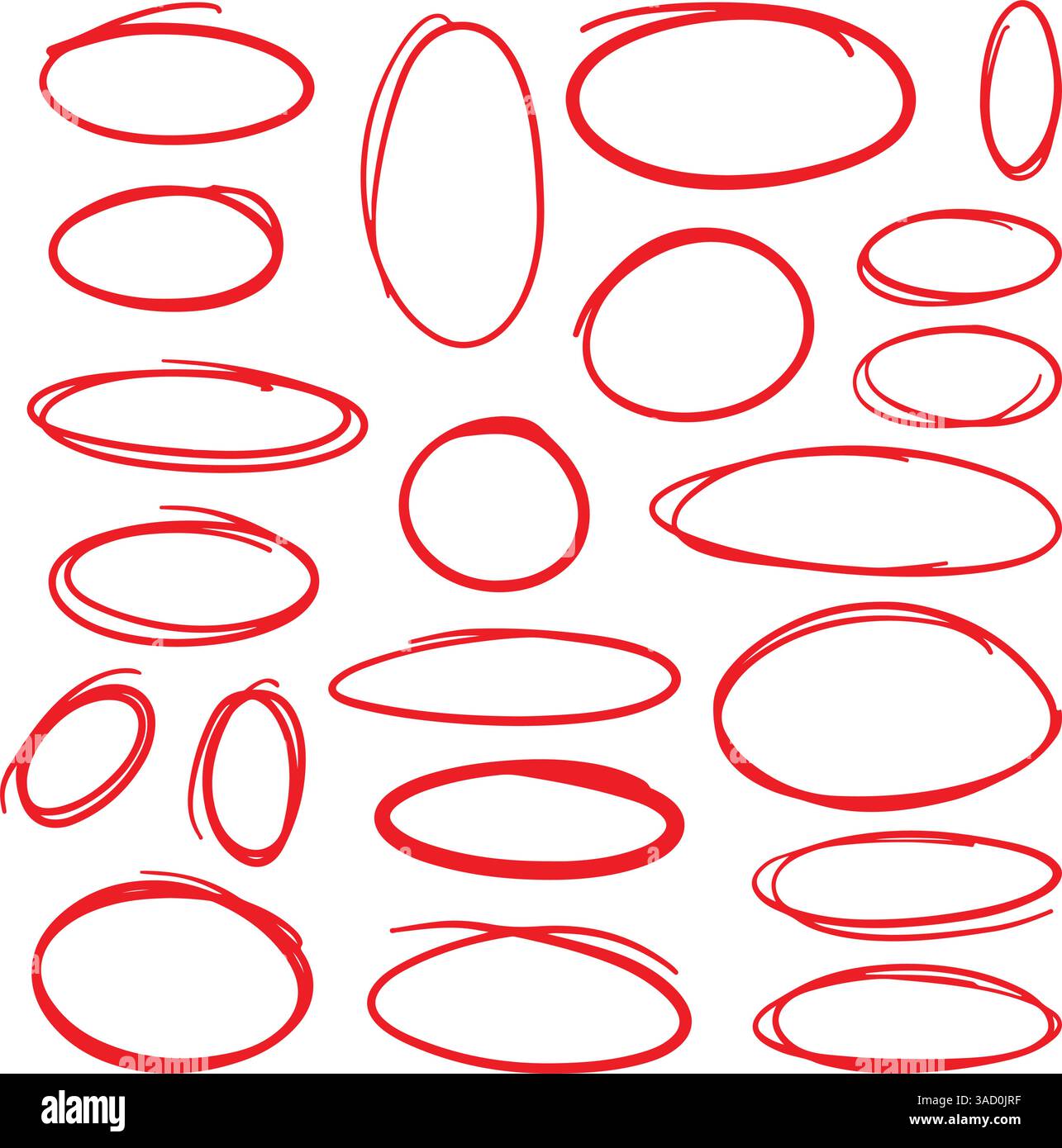 Set of hand drawn doodle grunge red circle highlights. Round scrawl ...