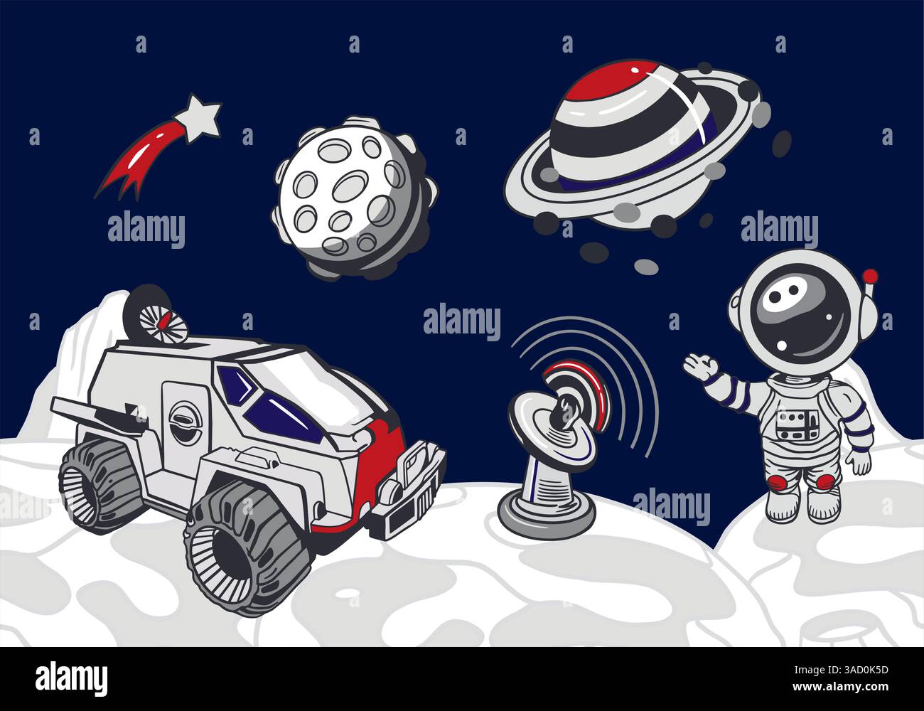 Astronaut, planet Saturn, moon, stars, space transport. Hand drawn ...