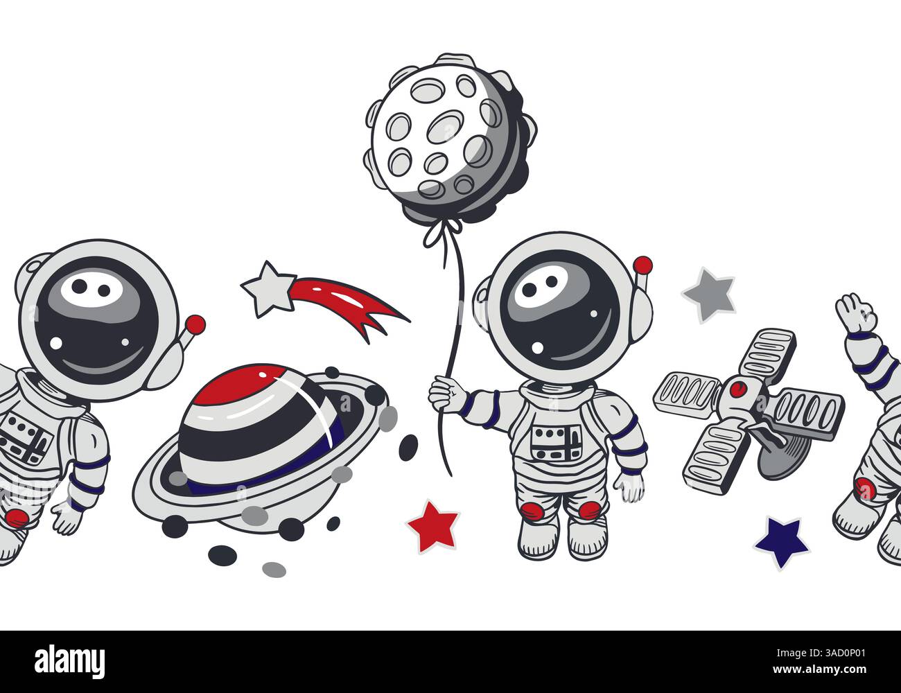 Cosmonauts, planet, moon, stars, seamless border. Hand drawn vector ...