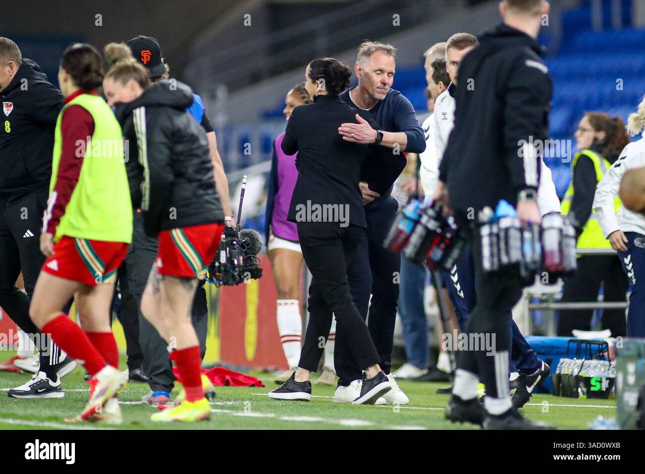 Cardiff, Wales, UK. 4th April, 2025. Denmark Head Coach Andrée Jeglertz ...