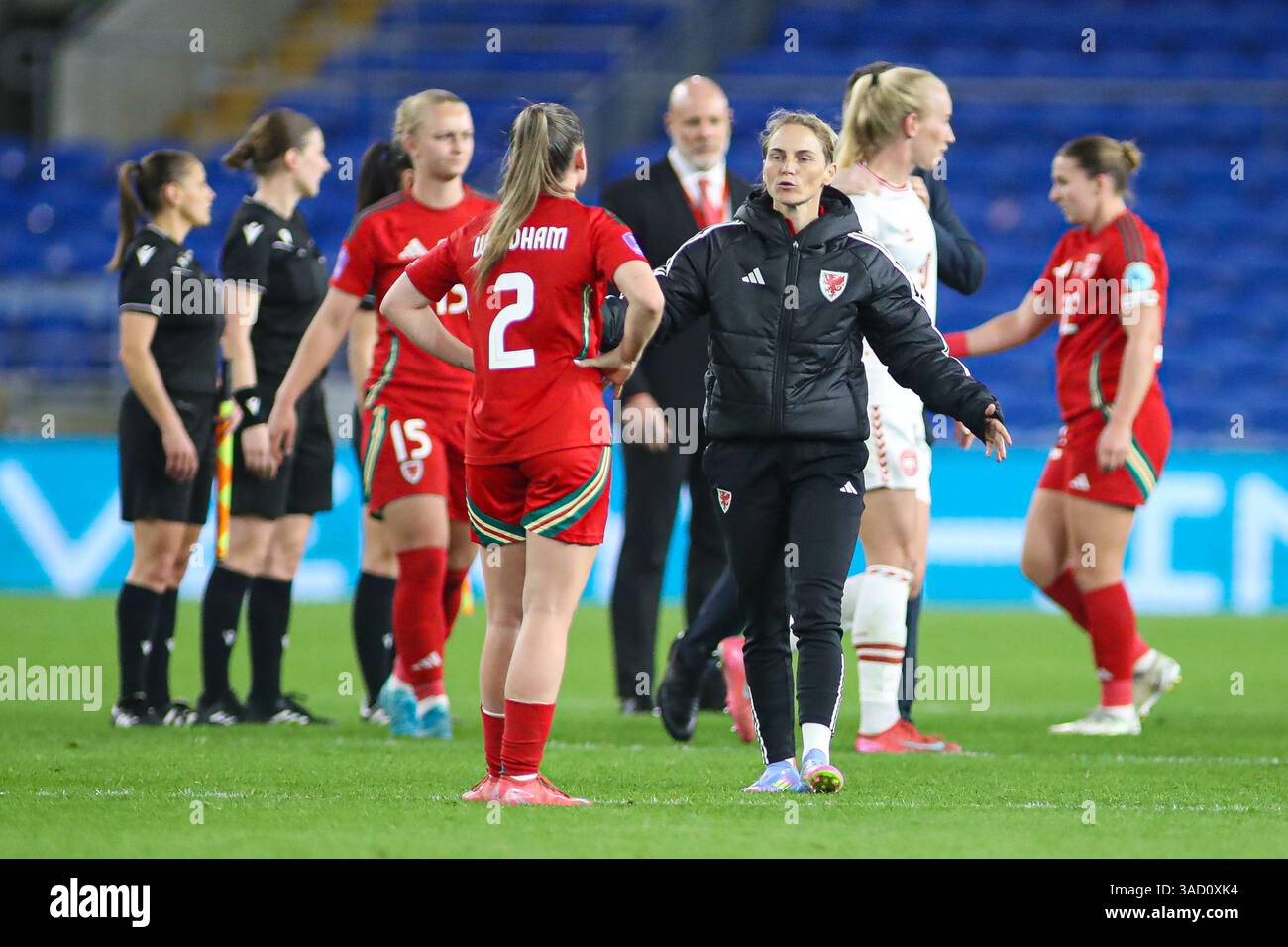 Cardiff, Wales, UK. 4th April, 2025. Jessica Fishlock talks to Lily ...