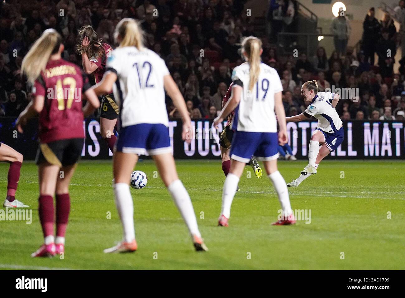 England's Keira Walsh (right) scores their side's fifth goal of the game during the UEFA Women's ...