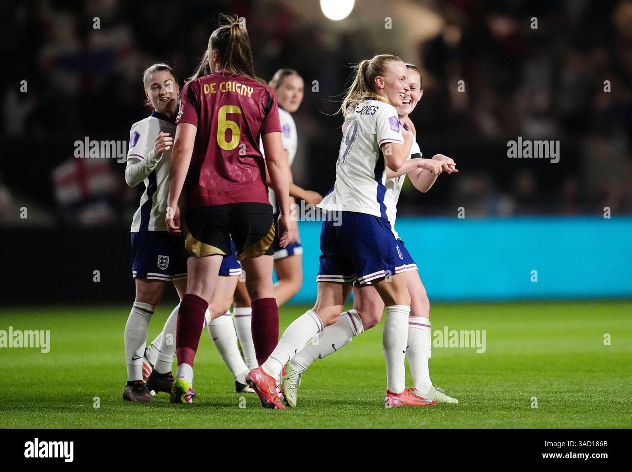 England's Keira Walsh (right) celebrates scoring their side's fifth ...