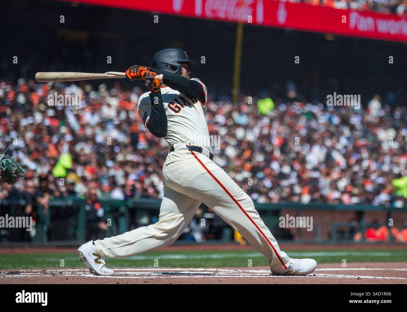San Francisco Giants' LaMonte Wade Jr. breaks his bat while hitting a ...