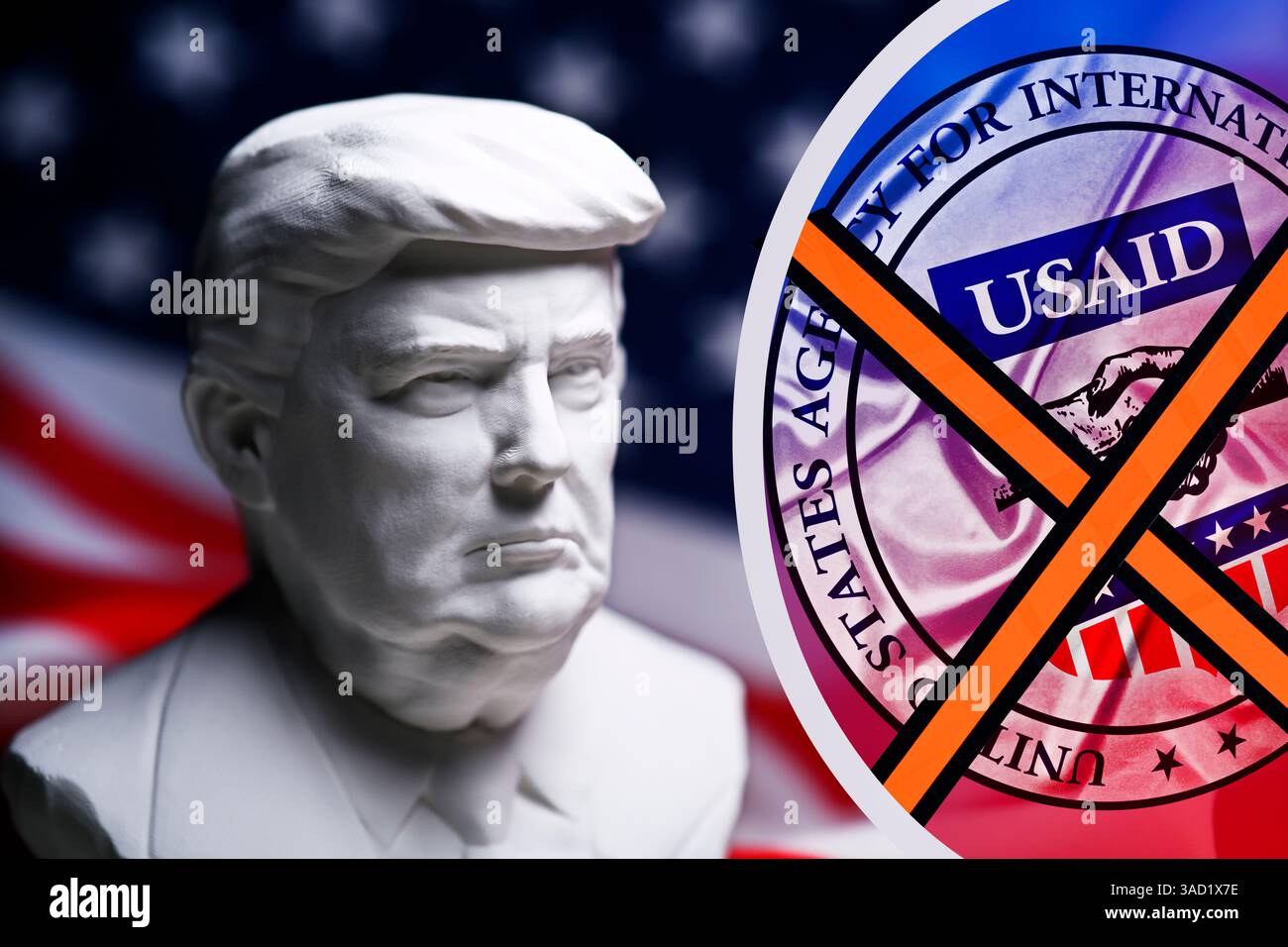 Bust of us president donald trump with crossed out usaid flag hi-res ...