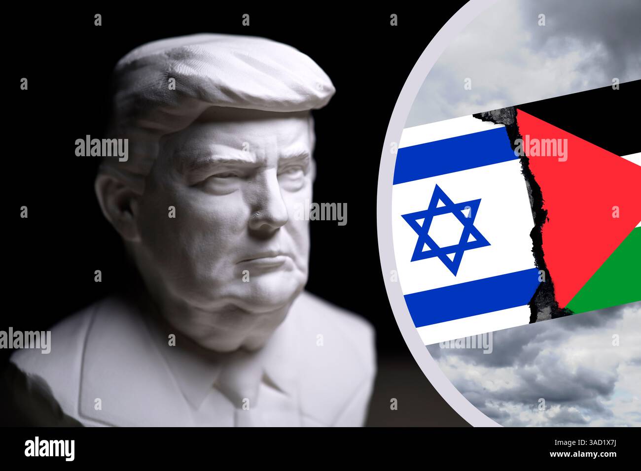 Bust of US President Donald Trump with flags of Israel and Palestine ...