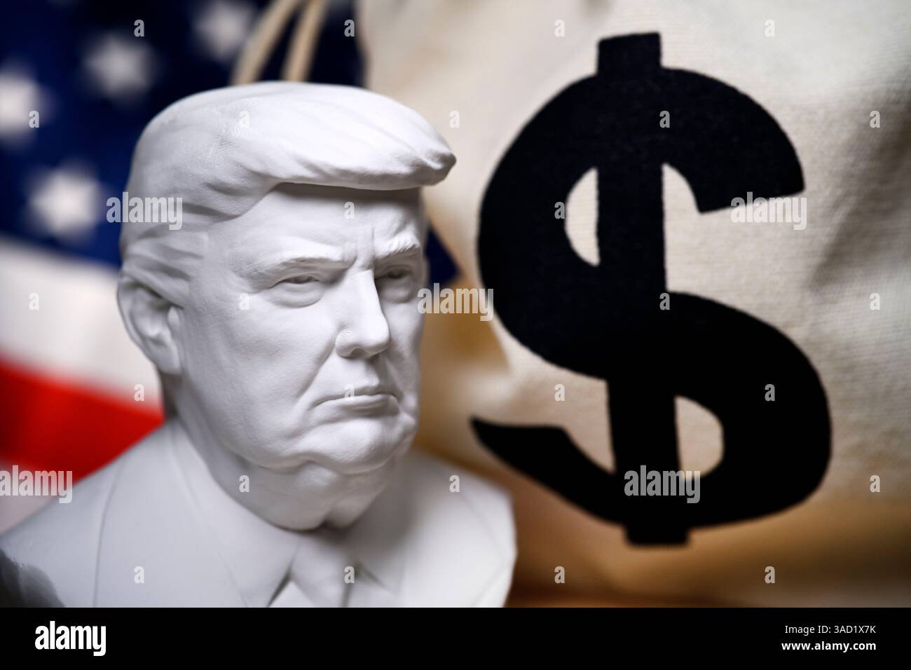 Bust of Donald Trump in front of US flag and dollar sign Stock Photo ...