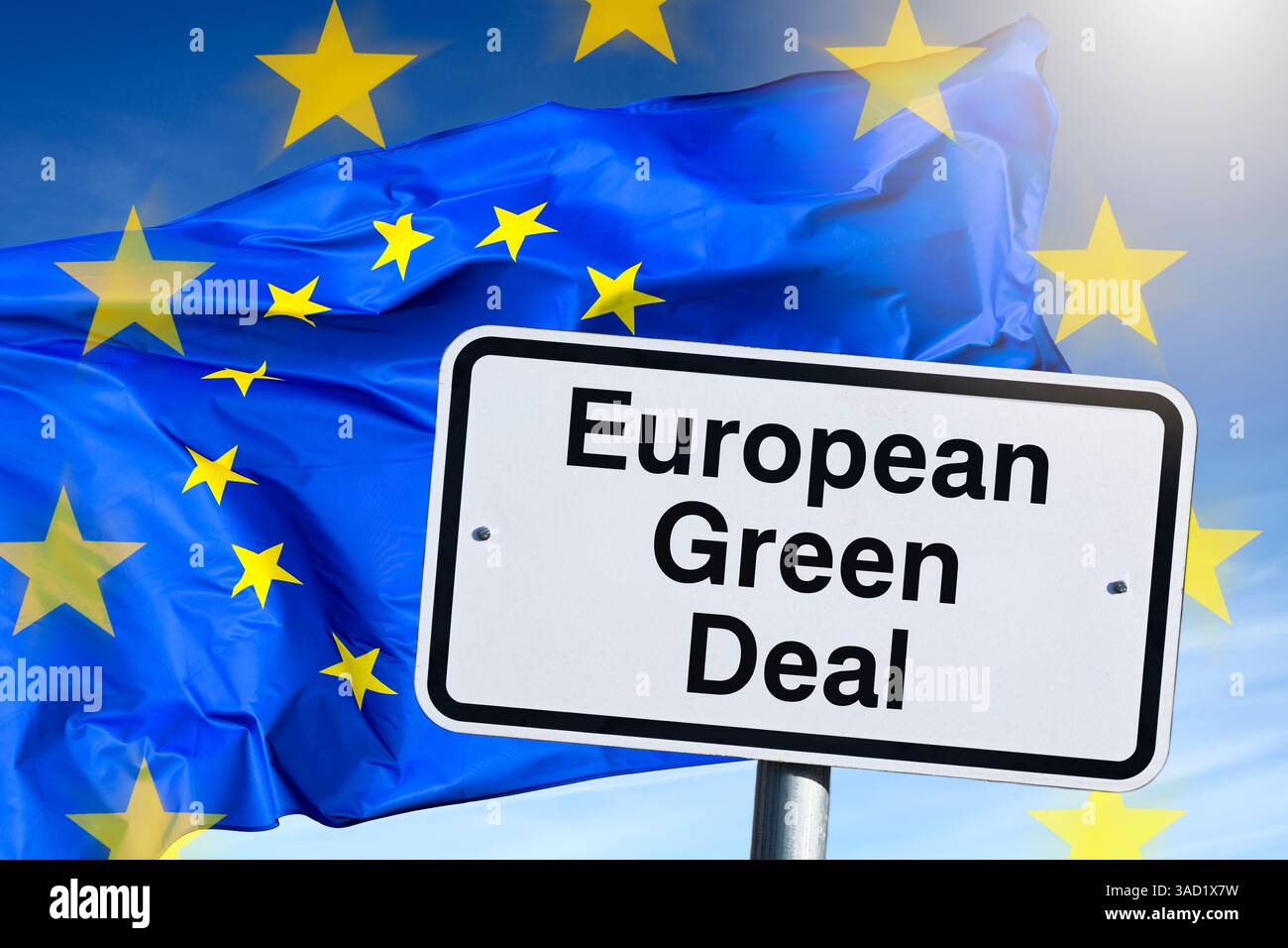 Sign with inscription European Green Deal in front of EU flag ...