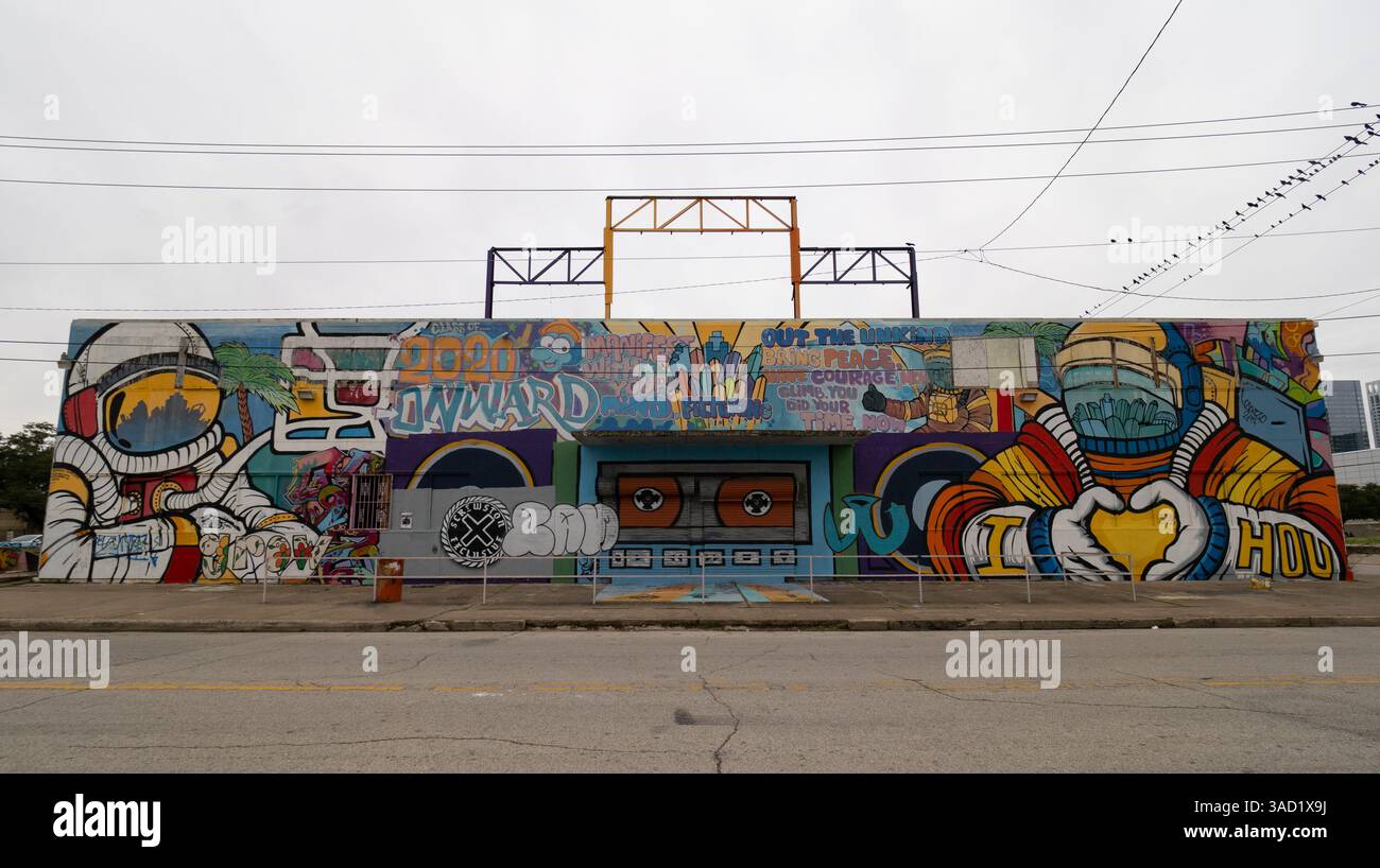 Houston, Texas, colorful mural art at Graffiti Park that portrays ...
