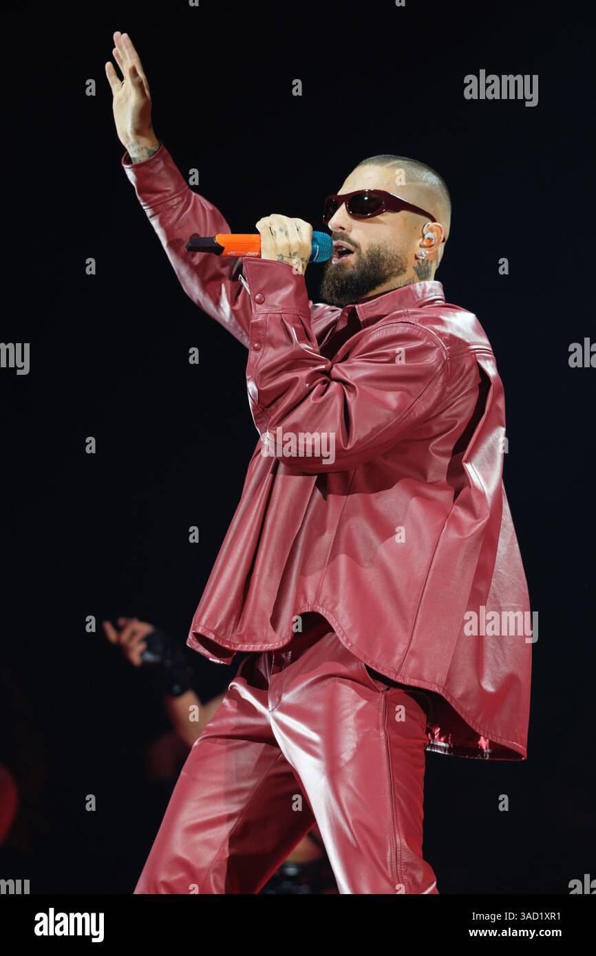 Maluma performs on stage at Movistar Arena on April 04, 2025 in Madrid ...