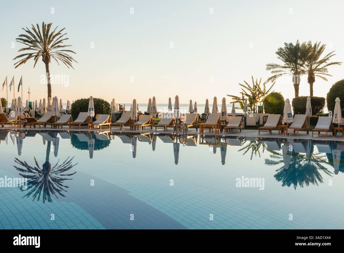 Cyprus, Paphos, Constaninou Bros Hotel, Swimming Pool and Empty Deck ...